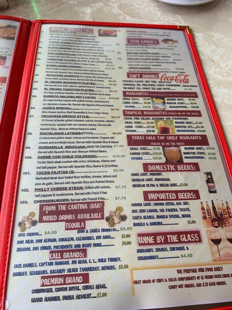 Menu at El Vecino Mexican Restaurant, Birmingham