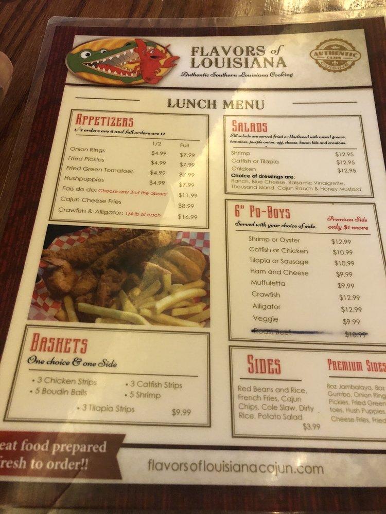 Menu at Flavors of Louisiana restaurant, Tulsa