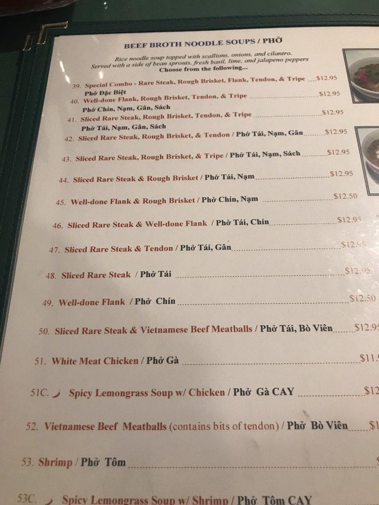 Menu at Phở Cali restaurant, Sarasota, Main St