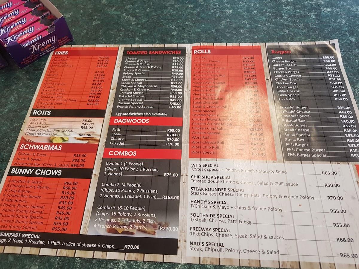 Menu at The Chip Shop restaurant, Johannesburg
