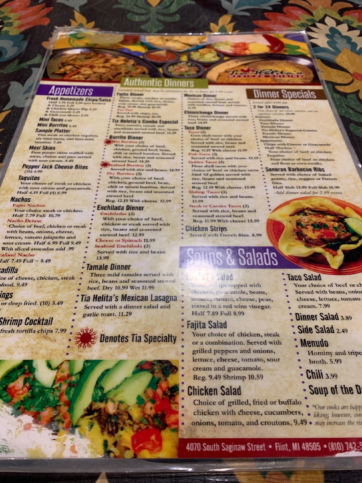 Menu at Tia Helita's Mexican Cuisine restaurant, Burton