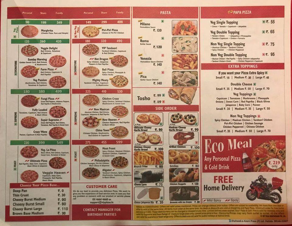 Menu at vip pizza, Nabha, 95G6+8WM