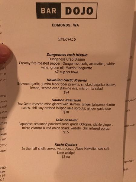 Menu at Bar Dojo, Edmonds