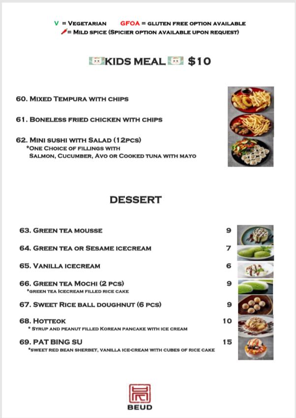 Menu at Beud restaurant, Maitland
