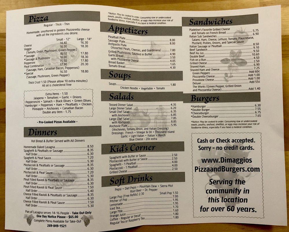 Menu at DiMaggio's Pizza and Burgers pizzeria, Lake Michigan Beach