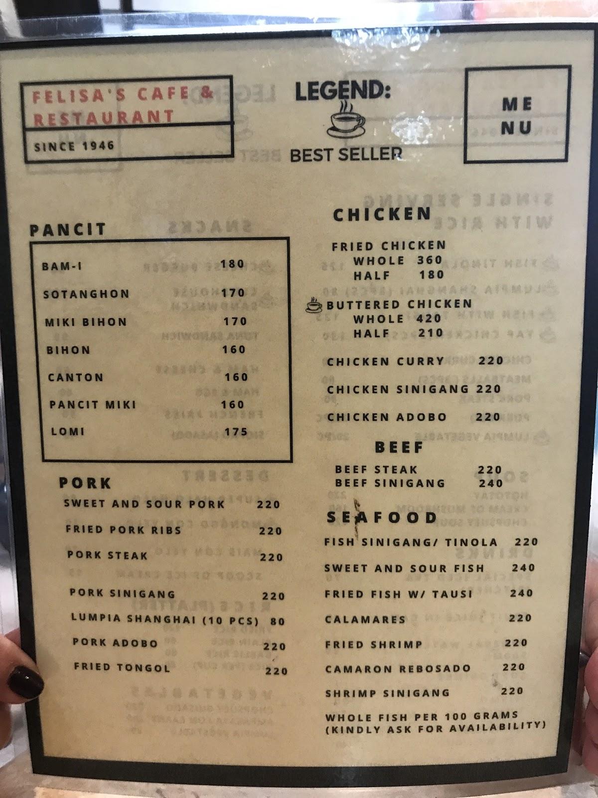 Menu at Felisa's Cafe & Restaurant, Tacloban City, Justice Romualdez St