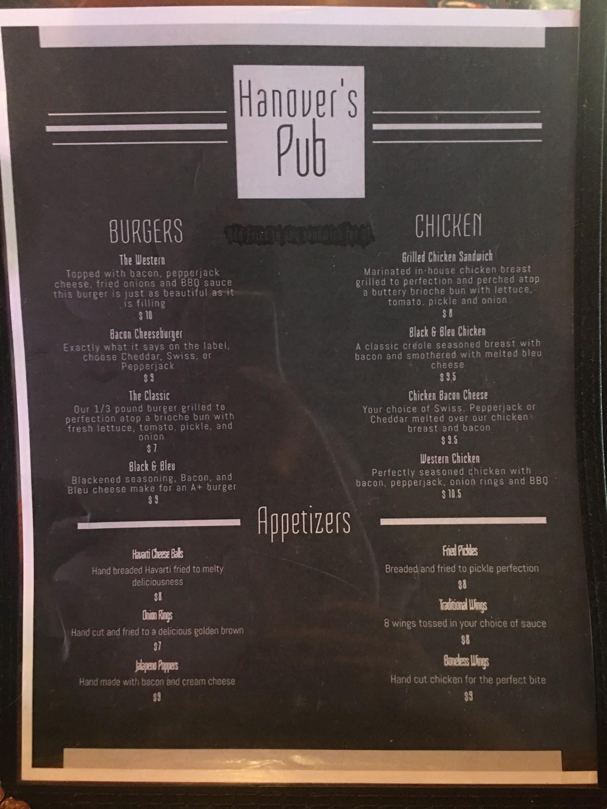 Menu at Hanover's Pub, Metamora, 107 E Partridge St