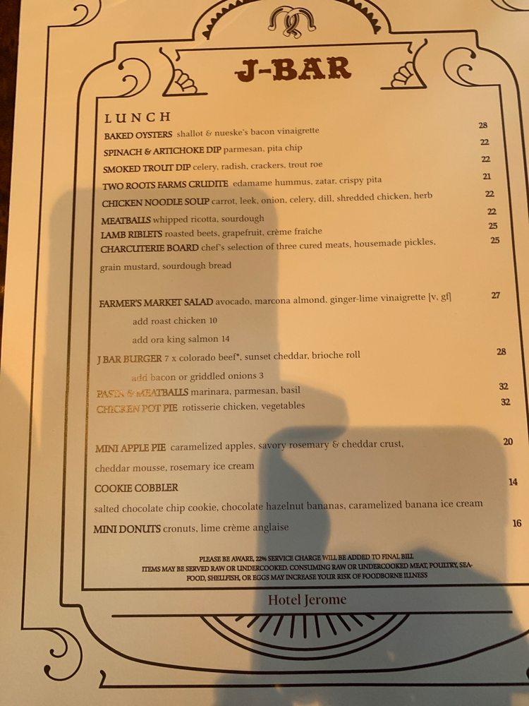 Menu at J-Bar, Aspen