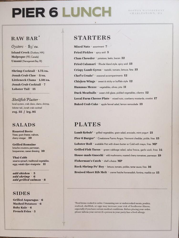 Menu at Pier 6 pub & bar, Boston, 1 8th St