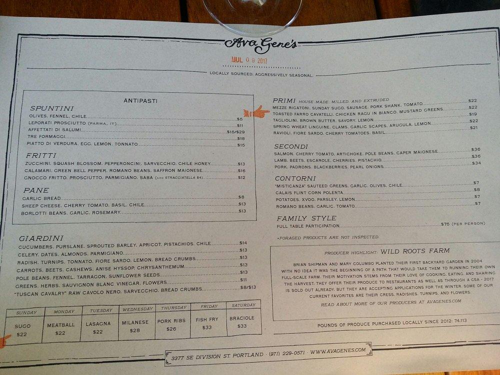 Menu at Ava Gene's restaurant, Portland
