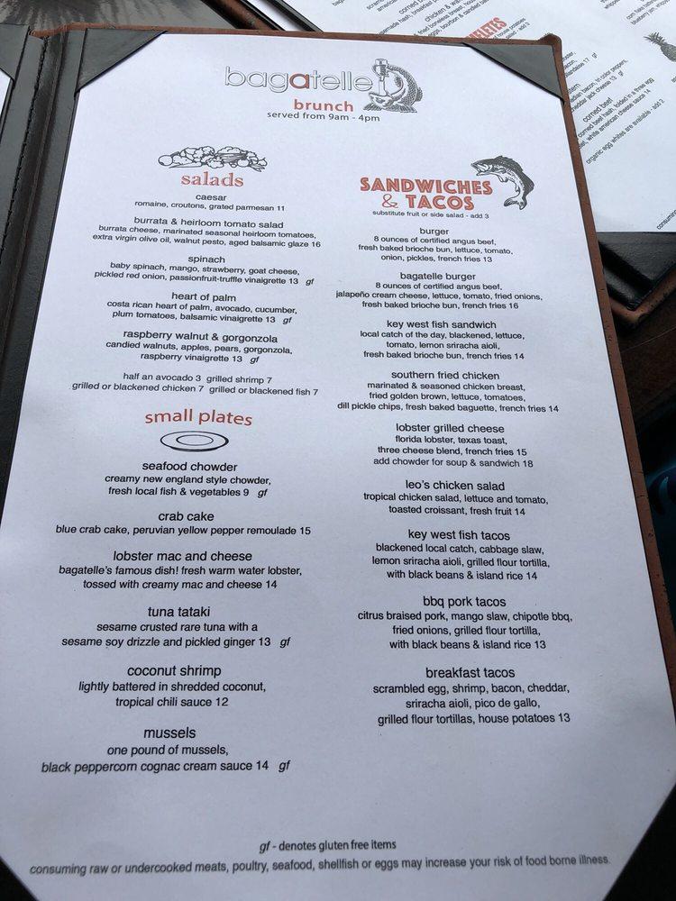 Menu at Bagatelle restaurant, Key West