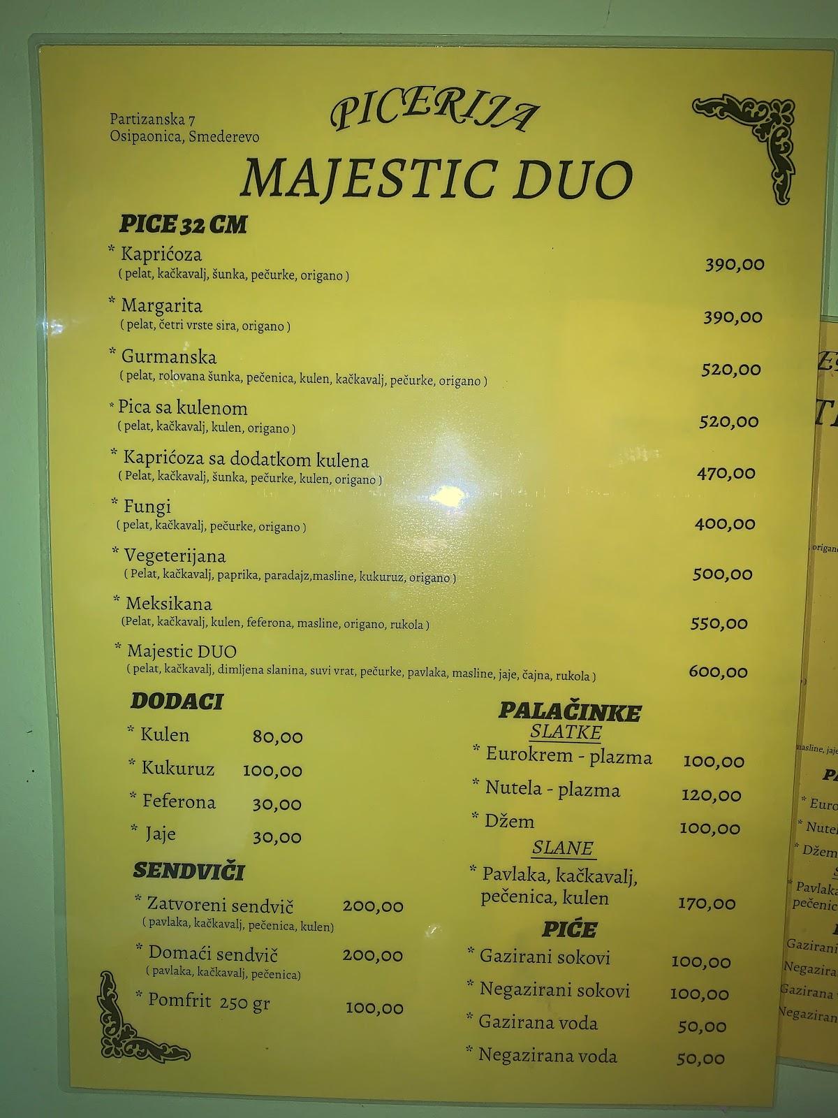 Menu at Majestic restaurant, Osipaonica