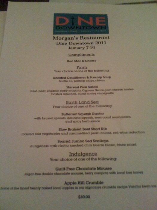 Menu at Morgan's restaurant, Sacramento