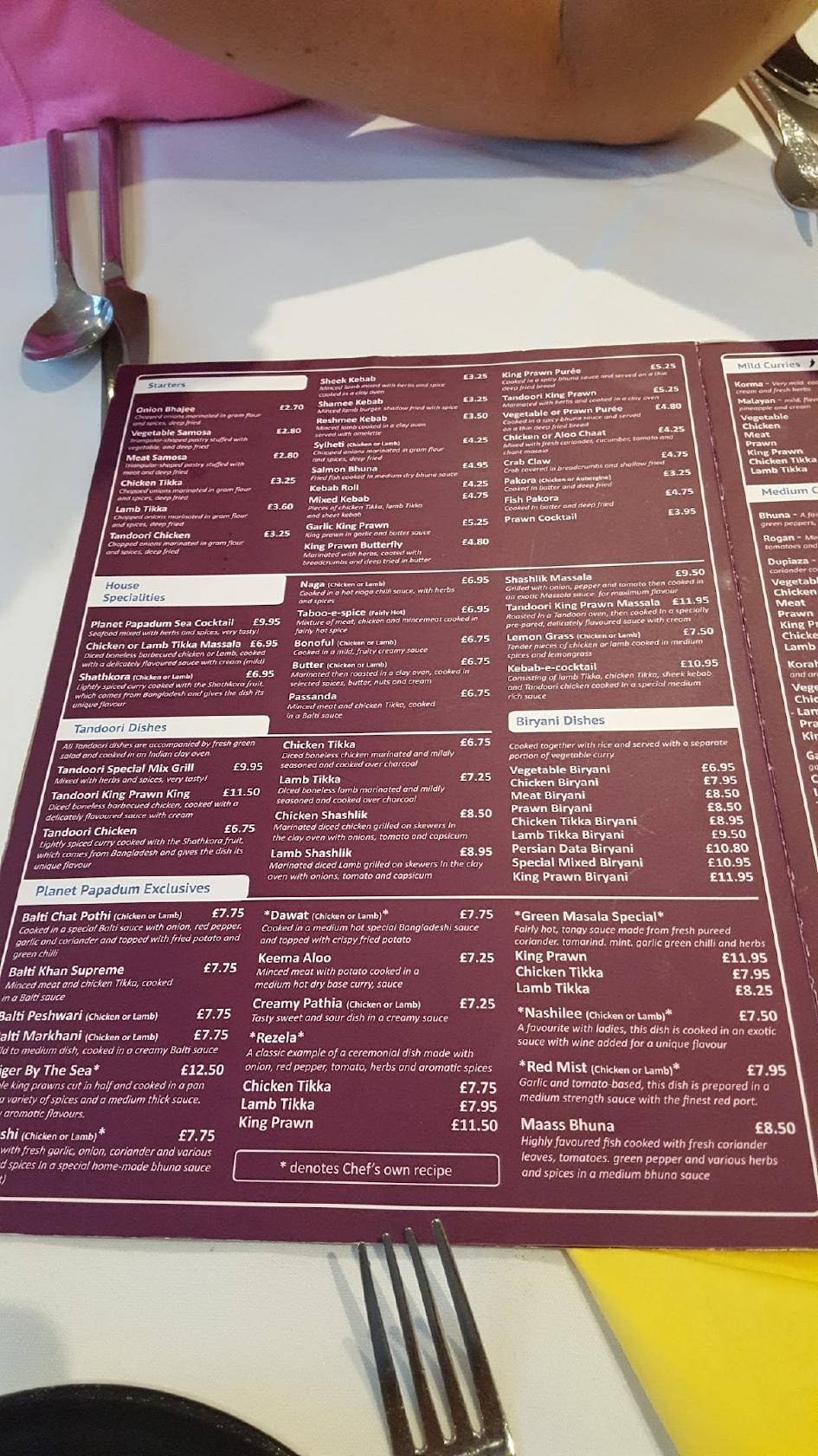 Menu at Planet Papadum restaurant, Great Yarmouth