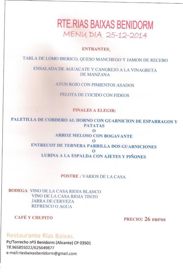 Menu at Rias Baixas Benidorm restaurant, Benidorm