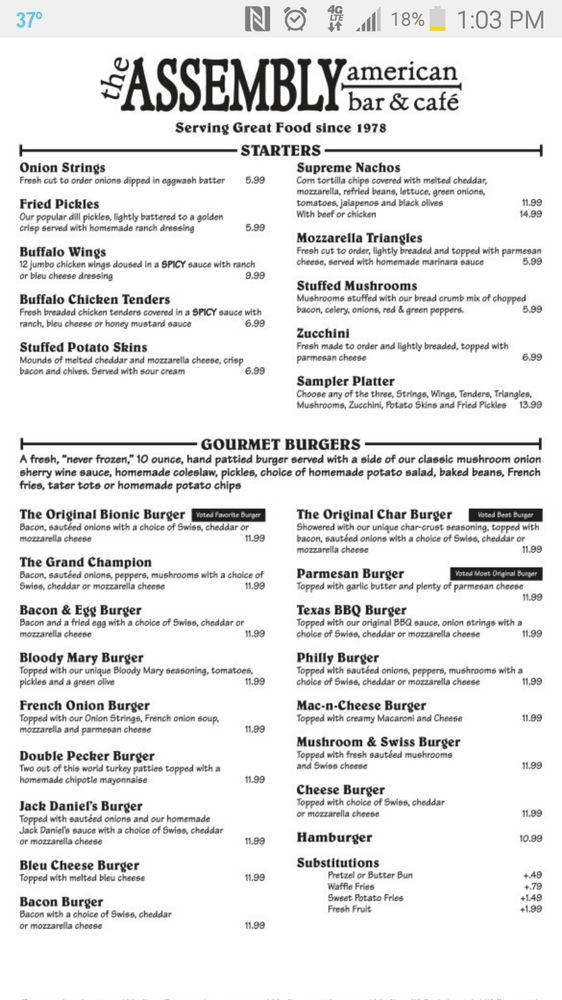 Menu at The Assembly American Bar & Cafe, Hoffman Estates