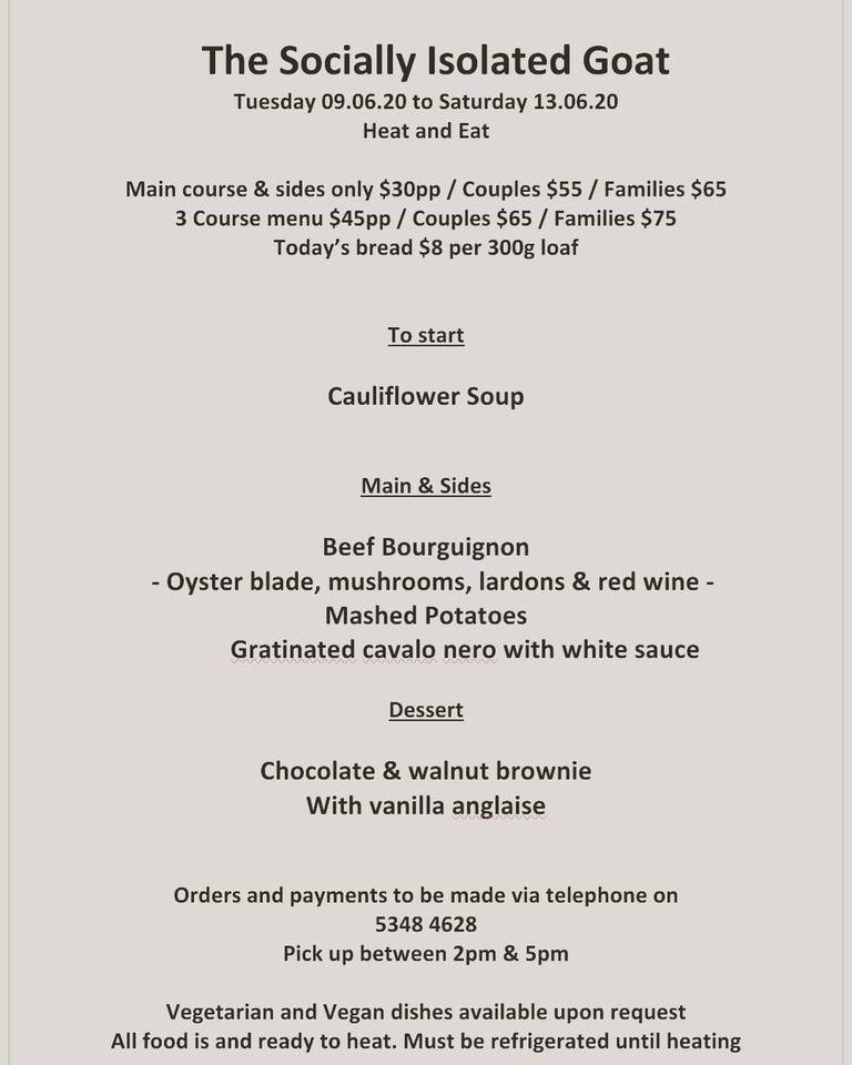 Menu at The Surly Goat restaurant, Hepburn Springs