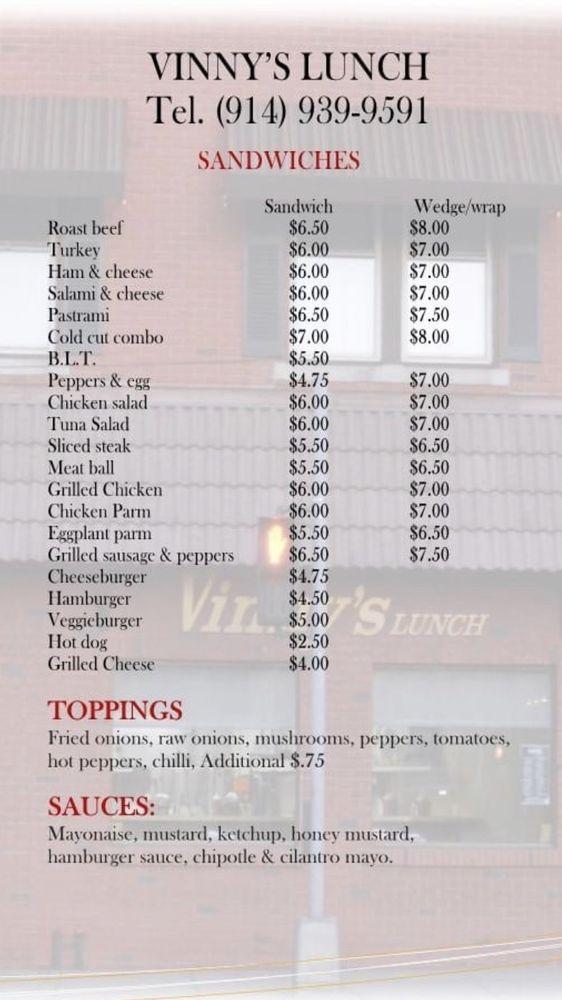 Menu at Vinny's Luncheonette restaurant, Port Chester
