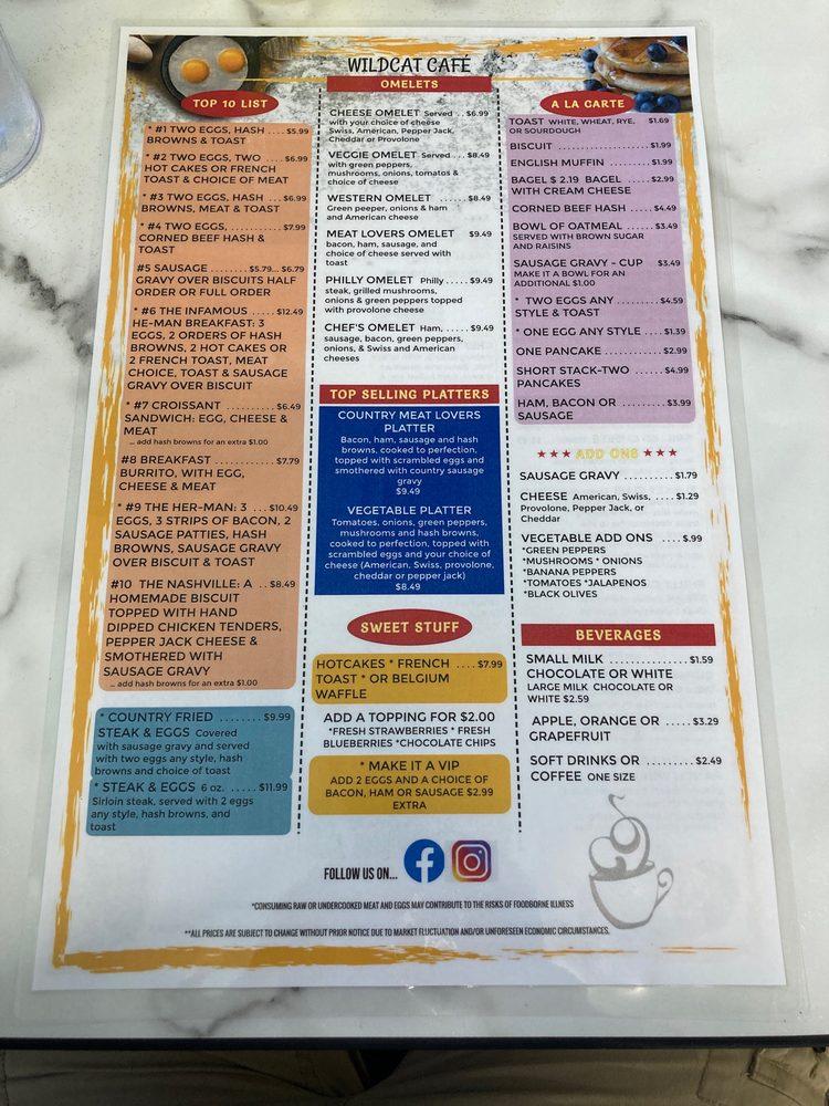 Menu at Wildcat Café cafe, Mogadore