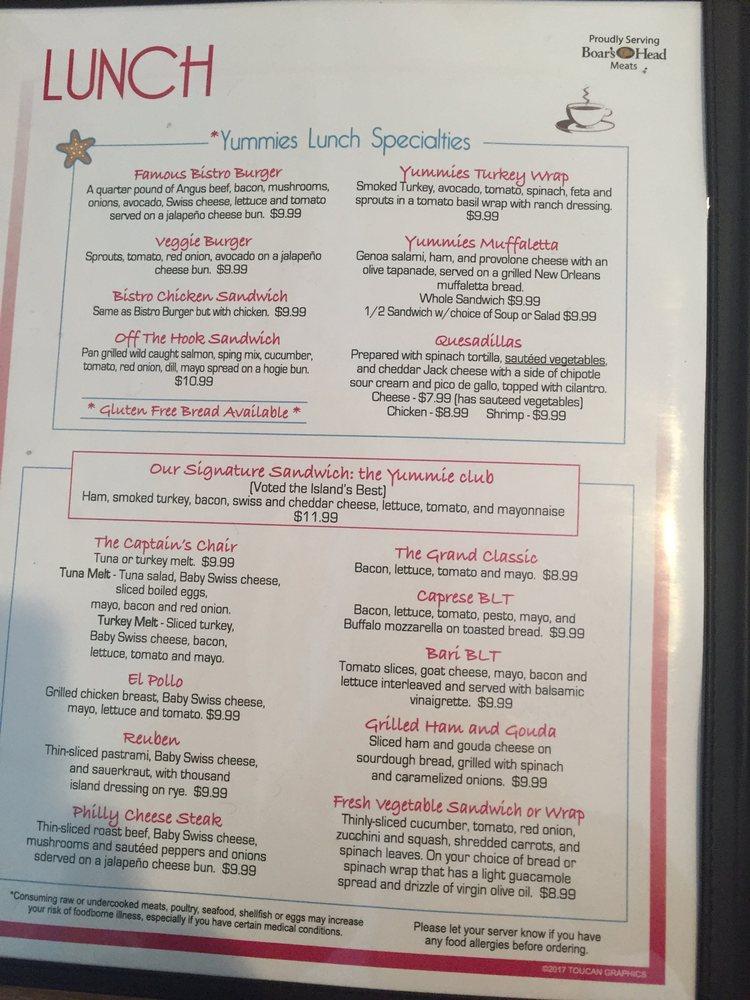 Menu at Yummies Bistro cafe, South Padre Island