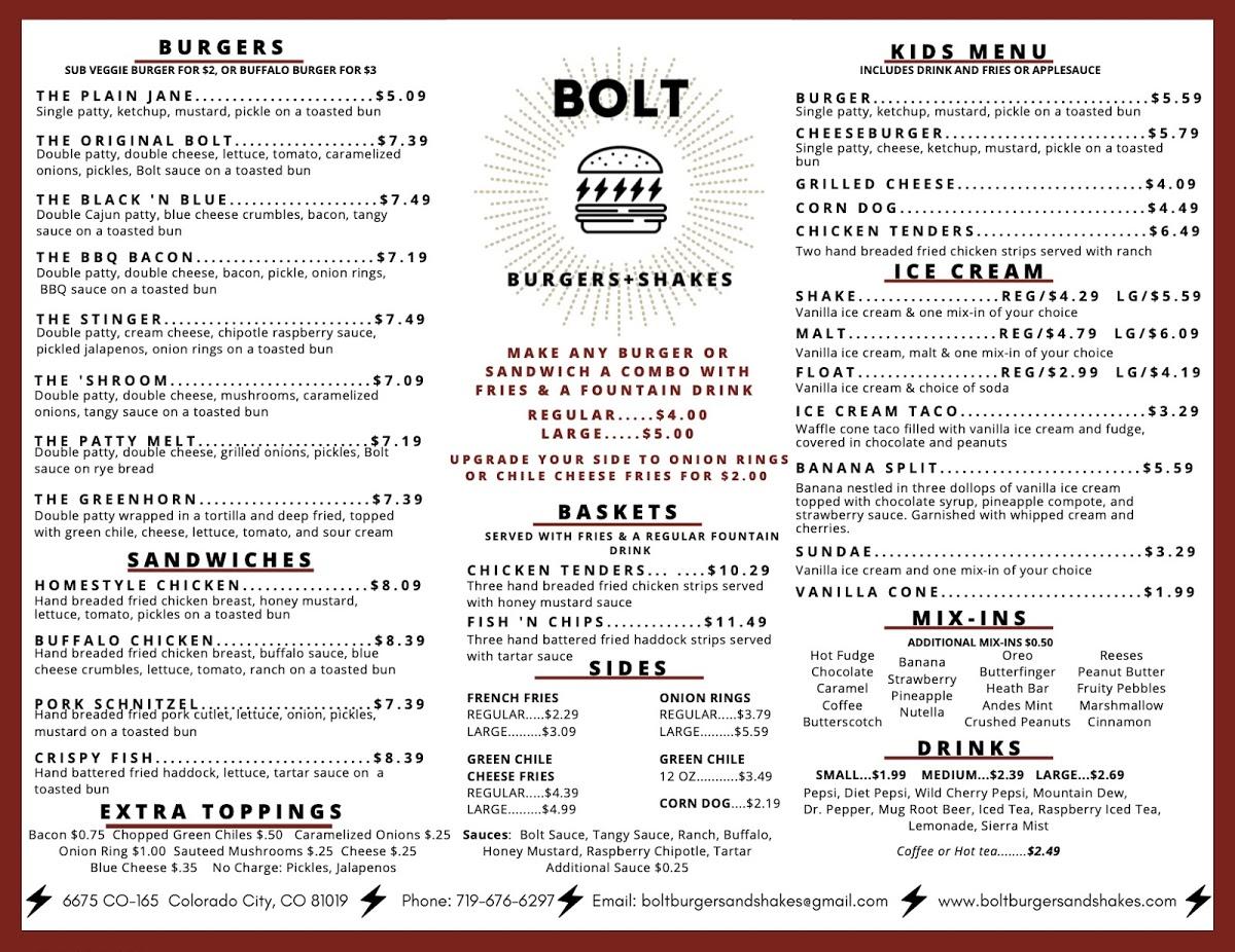 Menu at Bolt Burgers and Shakes restaurant, Colorado City