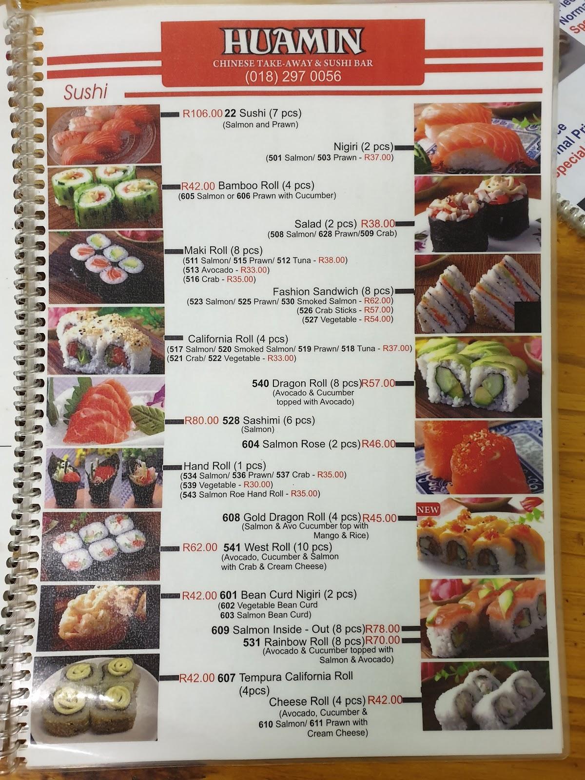 Menu at Huamin Chinese Take-Away & Sushi Bar, Potchefstroom, Shop No. 10