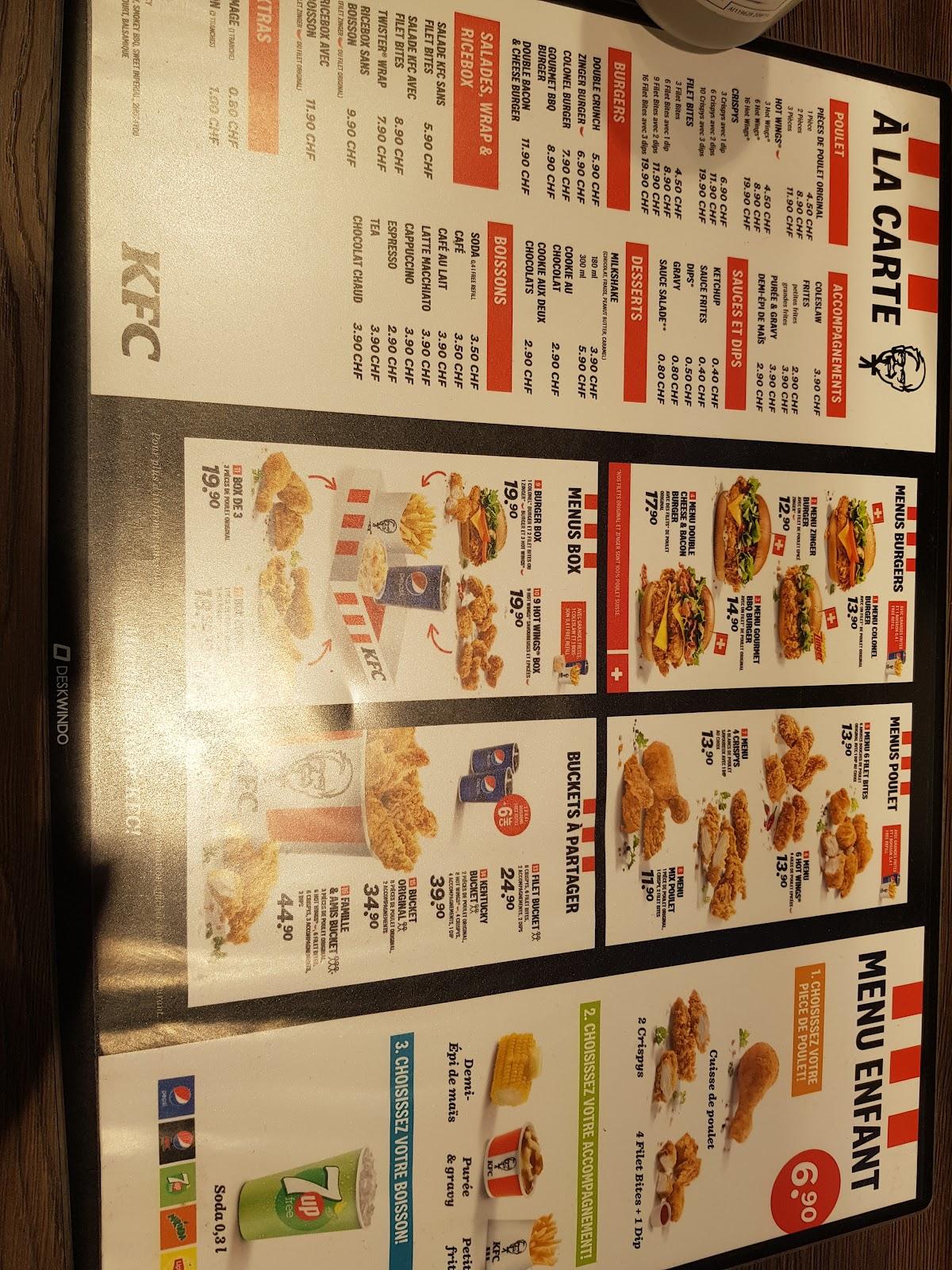 Menu at KFC, Lausanne