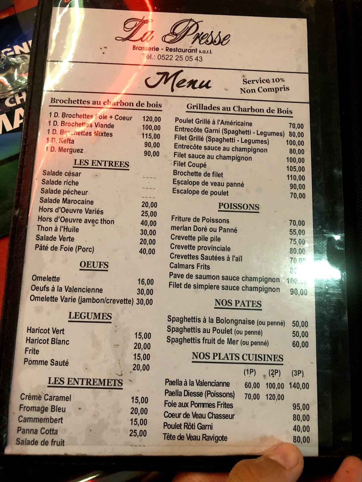 Menu at La Presse (Restaurant Brasserie), Casablanca