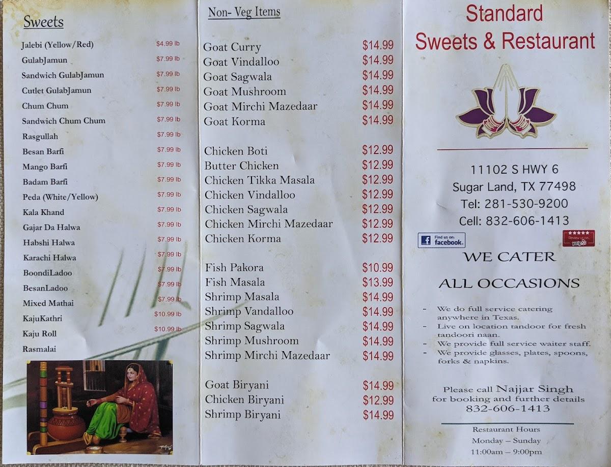 Menu at Standard Sweets restaurant, Sugar Land