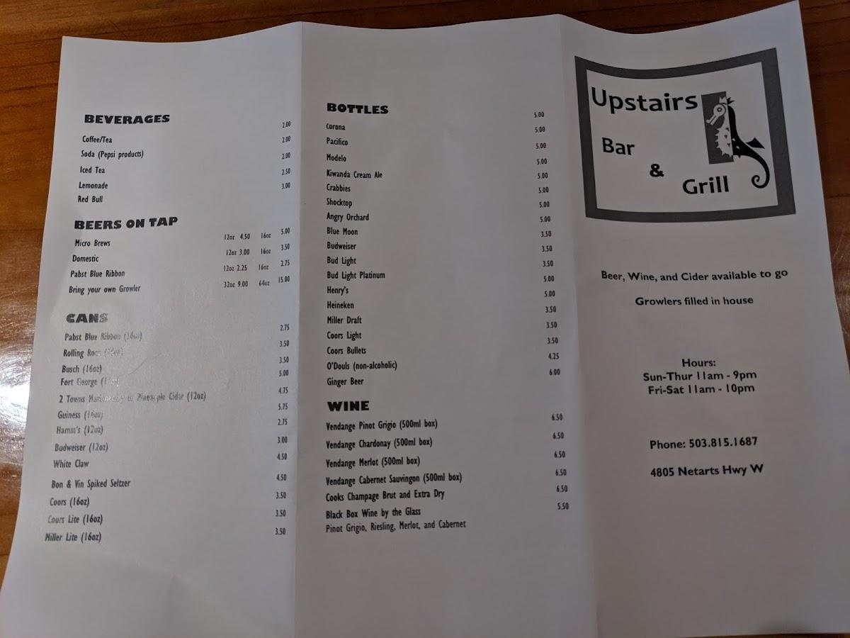 Menu at Upstairs Bar & Grill, Netarts, Netarts Hwy W