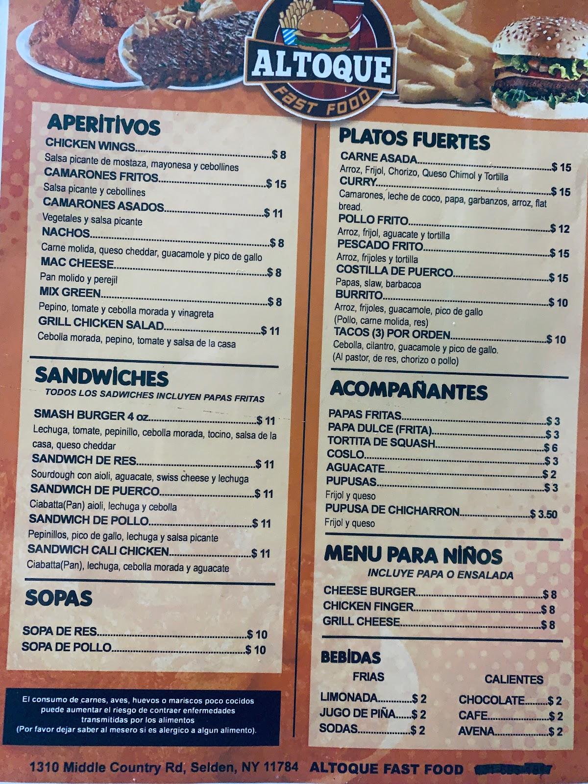 Menu at Altoque fast food, Selden