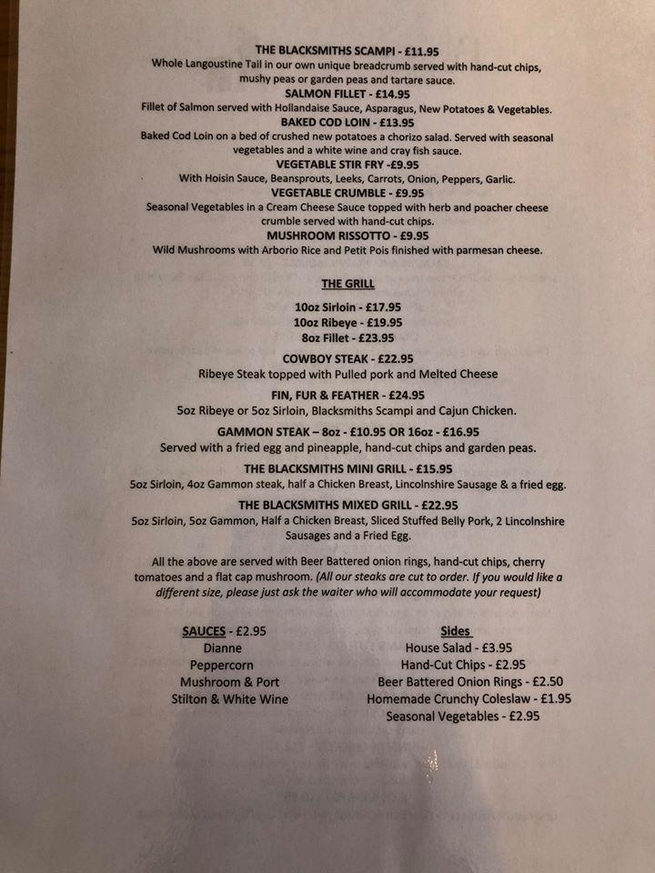 Menu at Blacksmith's Arms, Skendleby pub & bar, Spilsby, Main Road