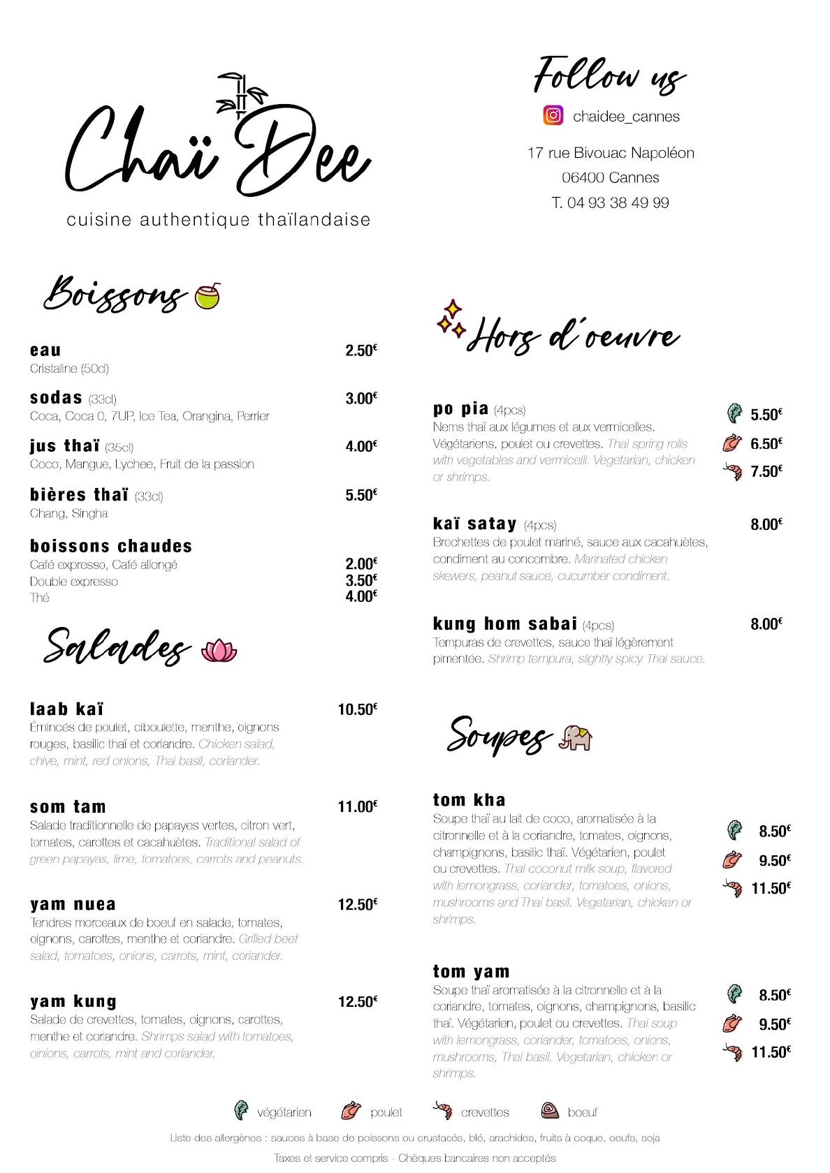 Menu at Chaï Dee - Restaurant Thaï, Cannes