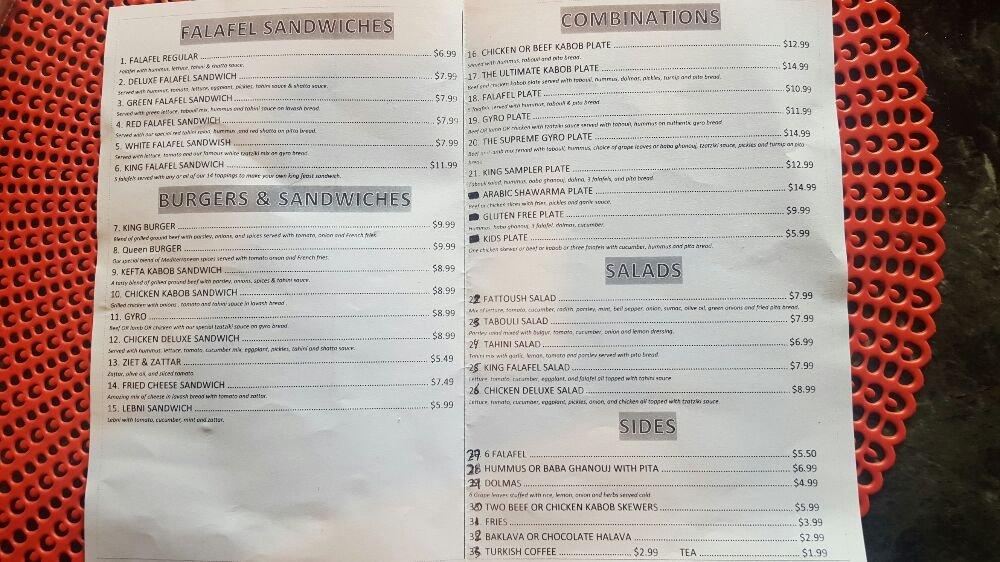 Menu at King Falafel restaurant, Sebastopol