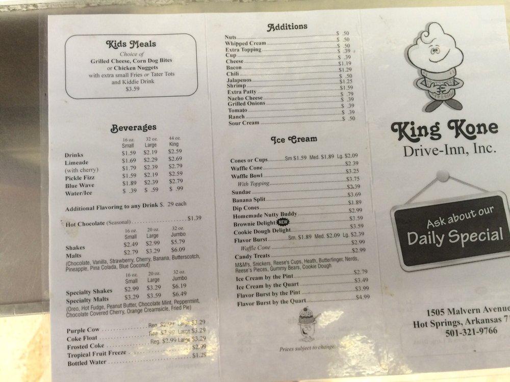 Menu at King Kone fast food, Hot Springs