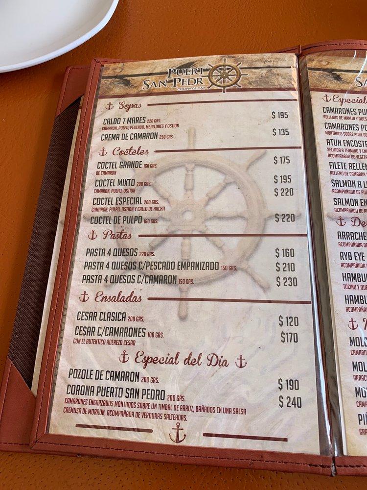 Menu at Mariscos Puerto San Pedro restaurant, Tlaquepaque
