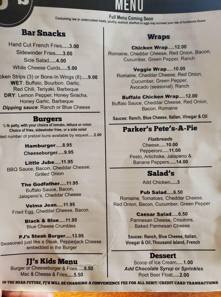 Menu at PJ's Pub & Hall, Kieler