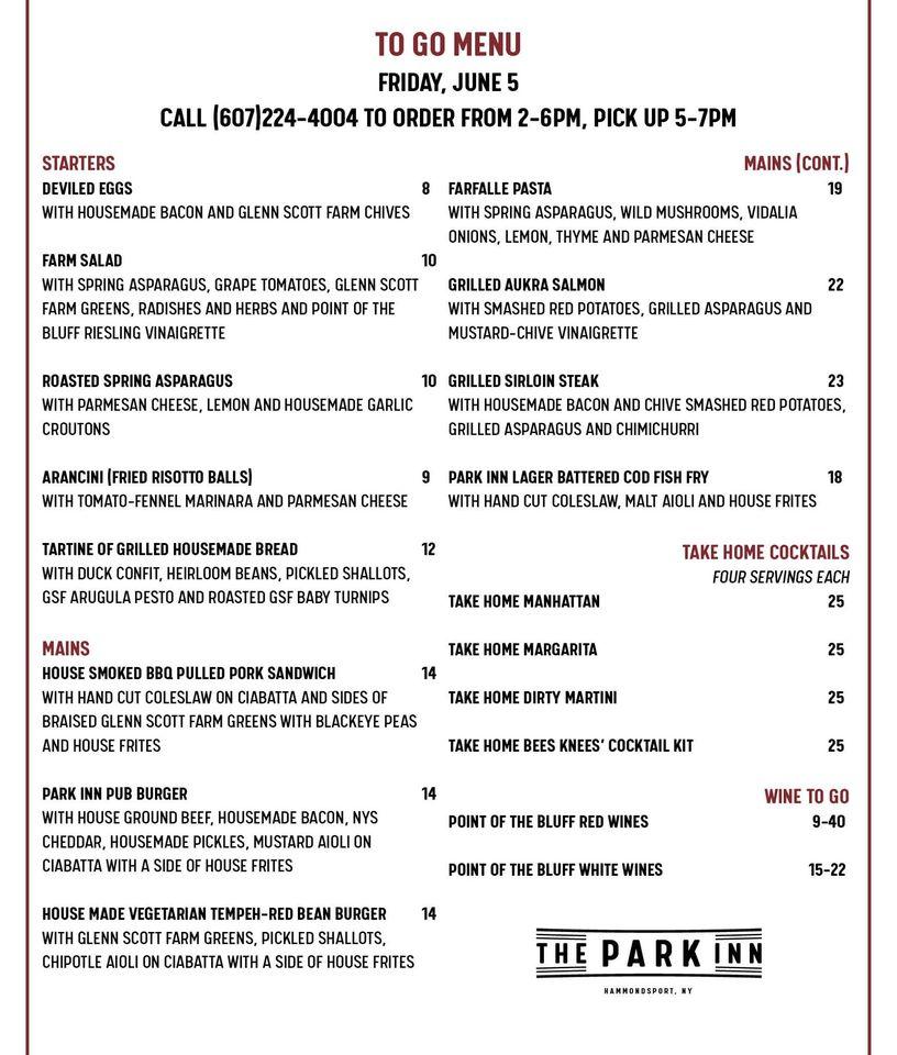 Menu at Park Inn pub & bar, Hammondsport