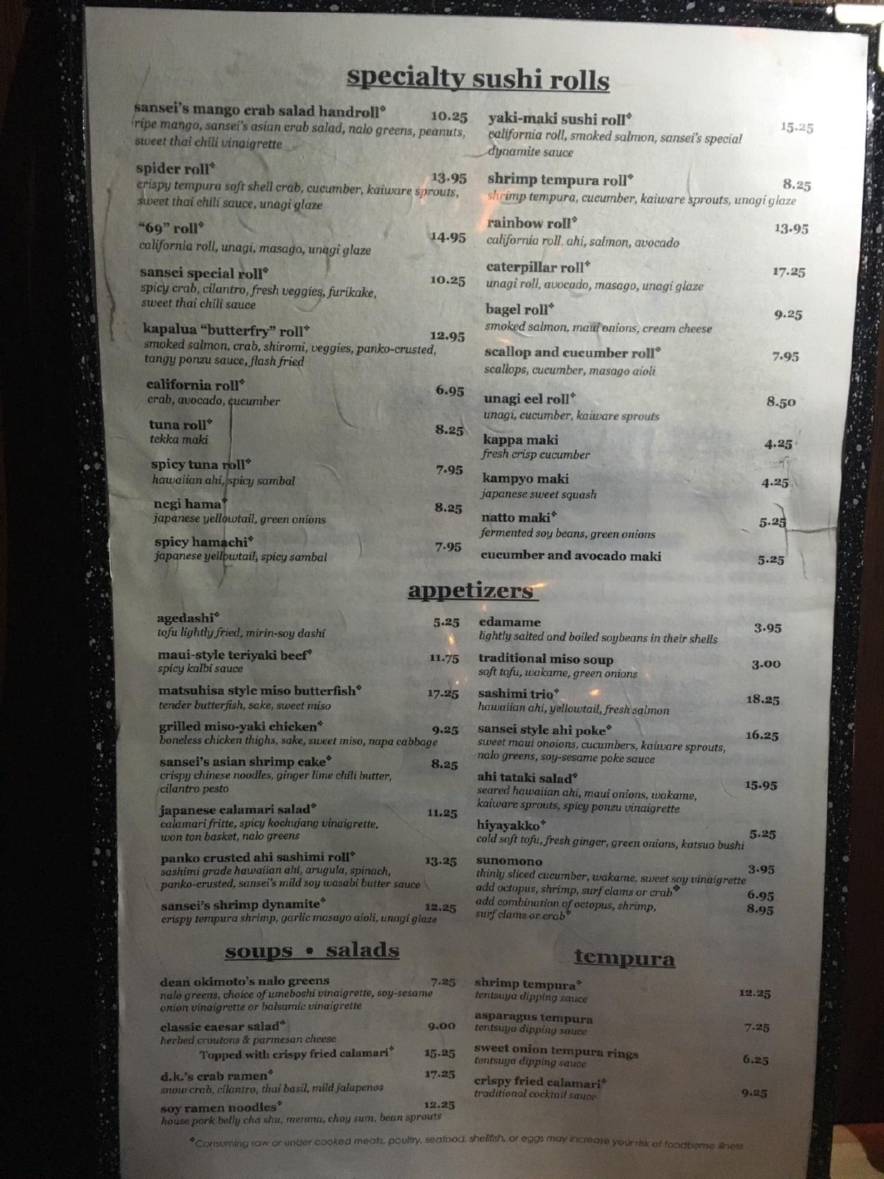 Menu at Sansei Seafood Restaurant & Sushi Bar, Honolulu