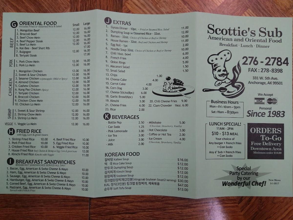 Menu at Scottie's Sub Shop fast food, Anchorage