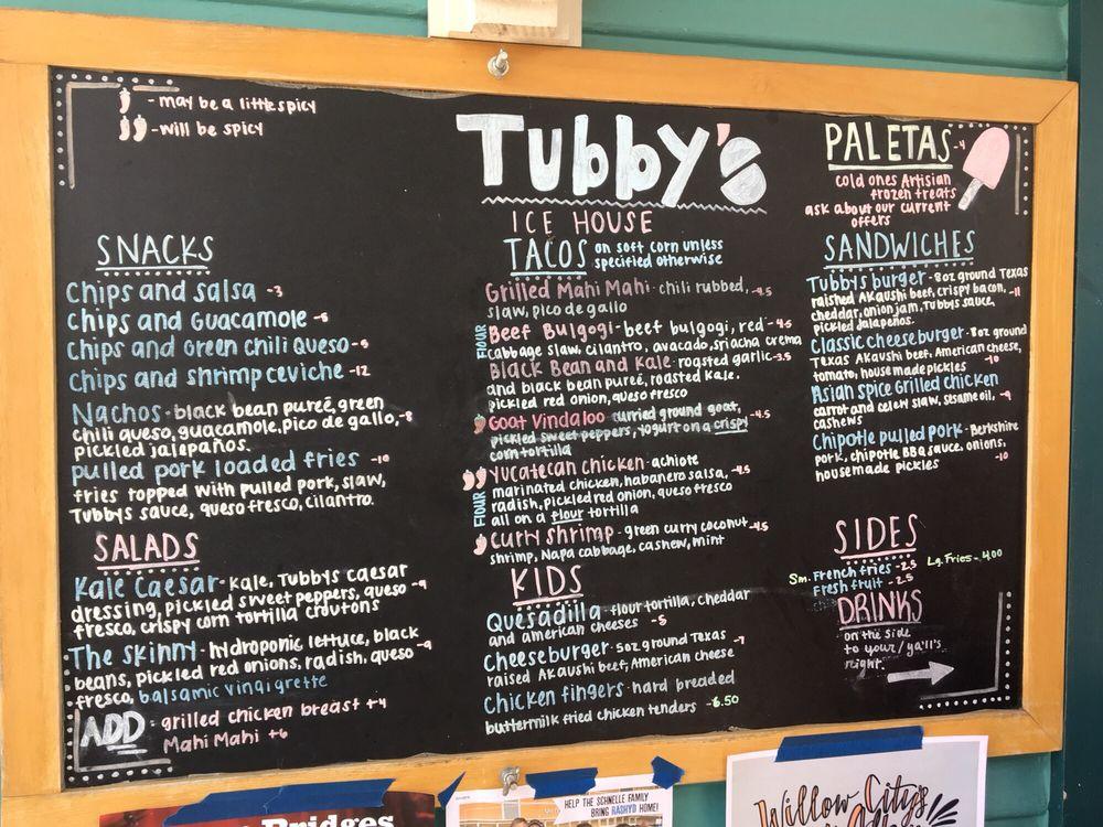 Menu at Tubby's Ice House restaurant, Fredericksburg
