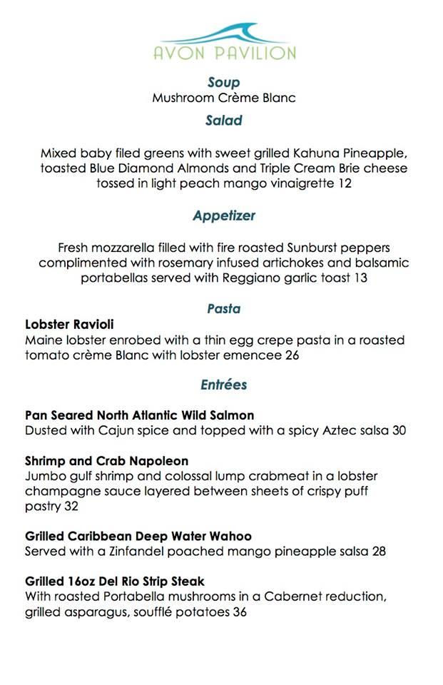 Menu at Avon Pavilion restaurant, Avon-by-the-Sea