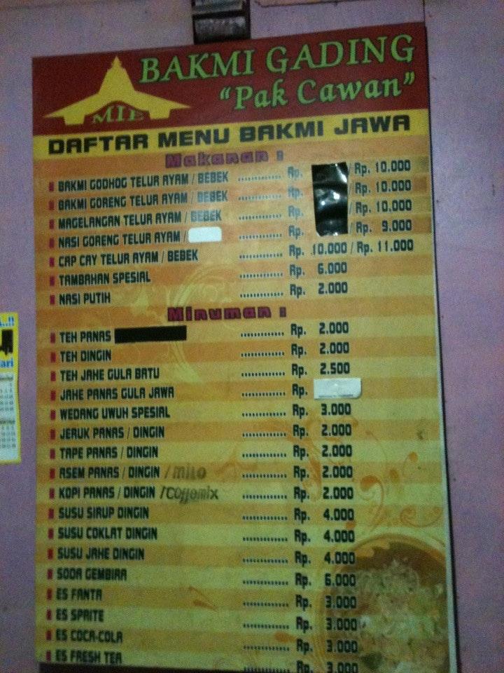 Menu at Bakmi Gading Pak Cawan restaurant, Yogyakarta