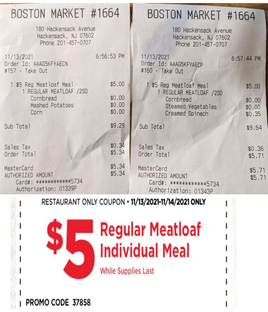 Menu at Boston Market restaurant, Hackensack