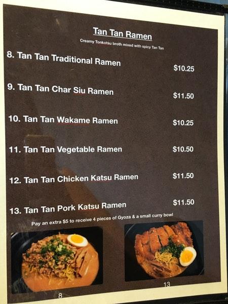 Menu at Chef's Ramen restaurant, Honolulu
