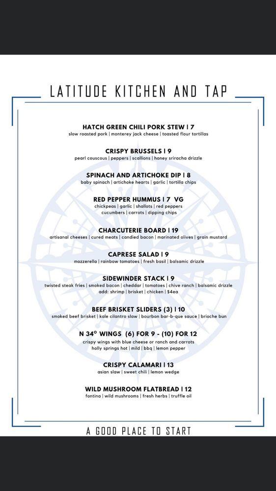 Menu at Latitude Kitchen and Tap restaurant, Holly Springs