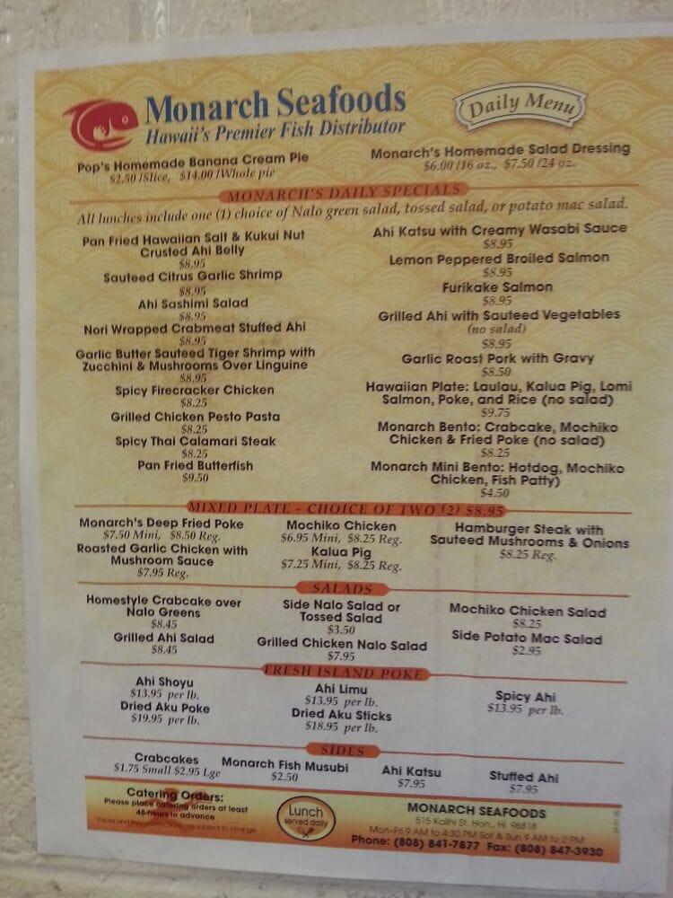 Menu at Monarch Seafoods restaurant, Honolulu, 515 Kalihi St