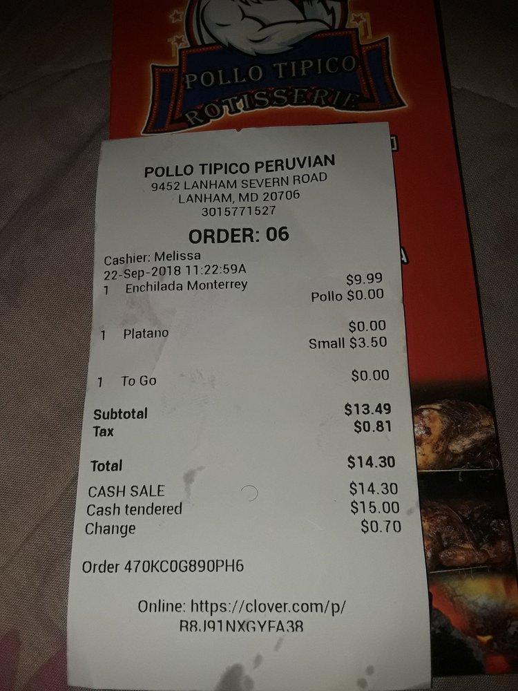 Menu at Pollo Tipico restaurant, Lanham