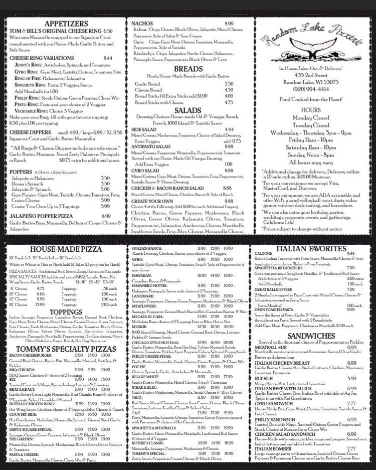 Menu at Random Lake Pizzeria, Random Lake, 435 2nd St