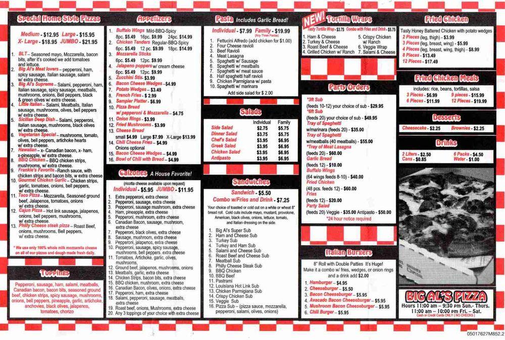 Menu at Big Al's Pizza pizzeria, Lake Los Angeles, 170th St E